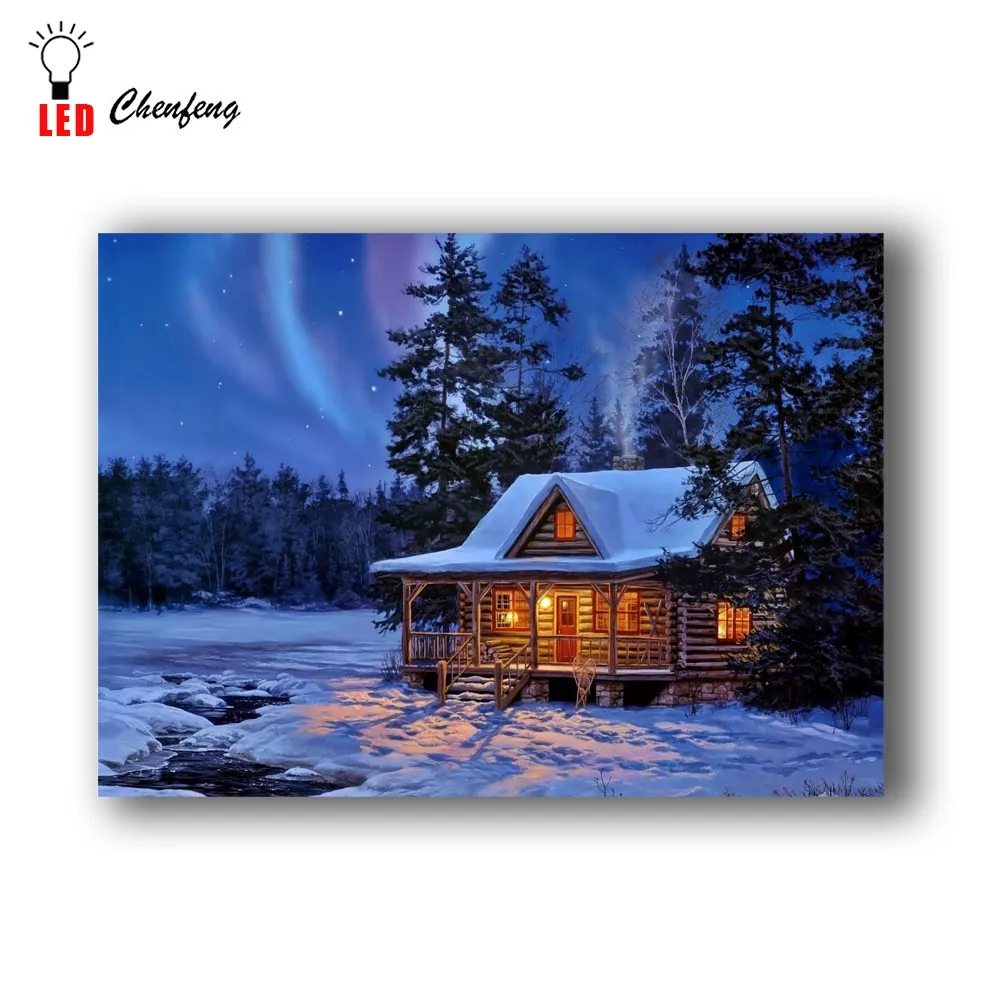 Lighted Canvas Print Winter Cabin Snow Cottage Mountain Night Wall ...