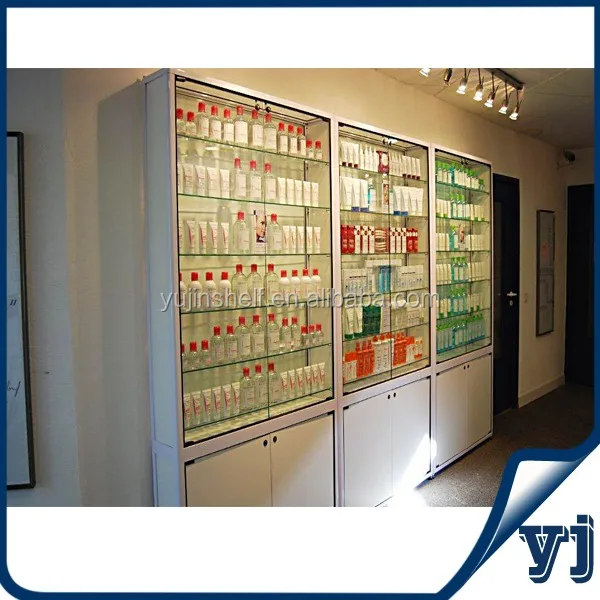 87" Tall Modern White Lockable Glass Doors Skin Care Products Display ...