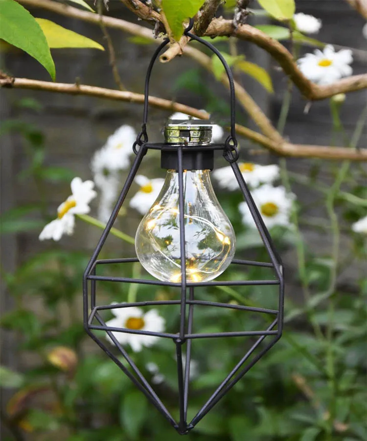 Rustic Cage Bulb Solar Lantern Outdoor Hanging Garden Lighting Copper ...