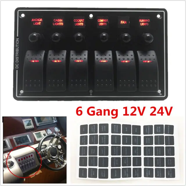 6 갱 Led 로커 스위치 패널 회로 차단기 충전기 12v 24v 자동차 보트 마린 Buy 방수 레드 Led 조명 패널핀