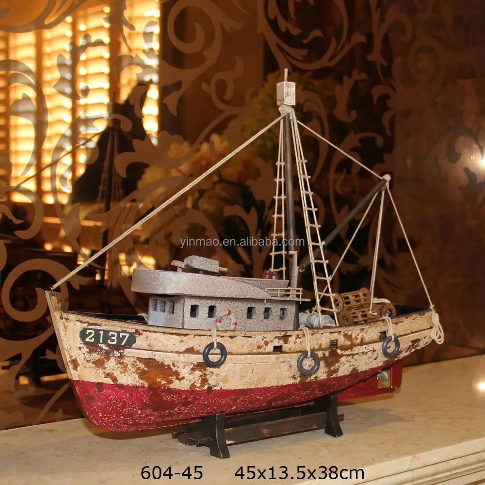 Wooden Fishing Boat Model "2137",2 Sets 45x14x38cm,White/red Replic ...
