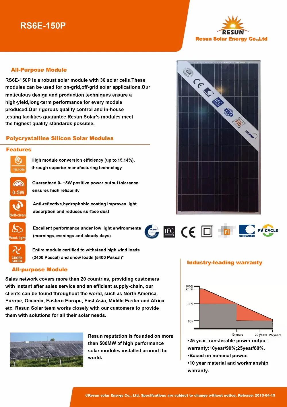 RESUN 150W Poly Solar Panel - 36 Cells for Competitive Price