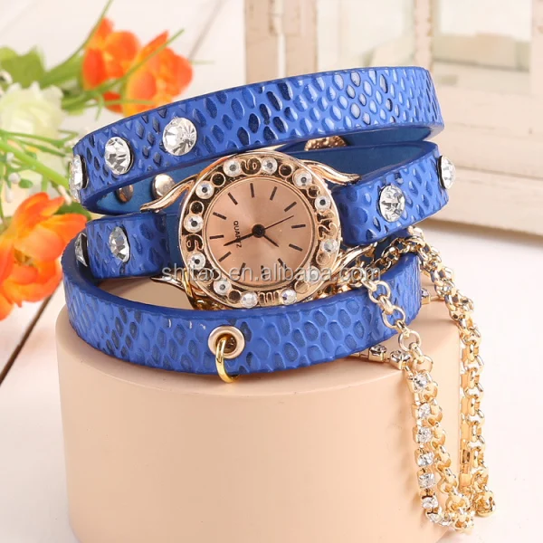 New Design Rhinestone Leather Bracelet Watch,Gold Chain Leather ...
