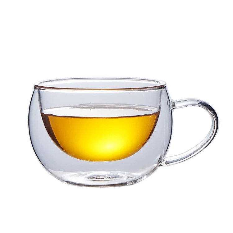 250ml Double Wall Glass Round Bowl Shape Cup With Handle - Buy Glass ...