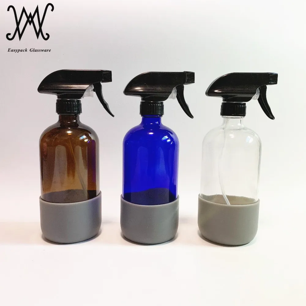 16oz Boston Round Spray Glass Bottle With Silicone Sleeve And Paper ...