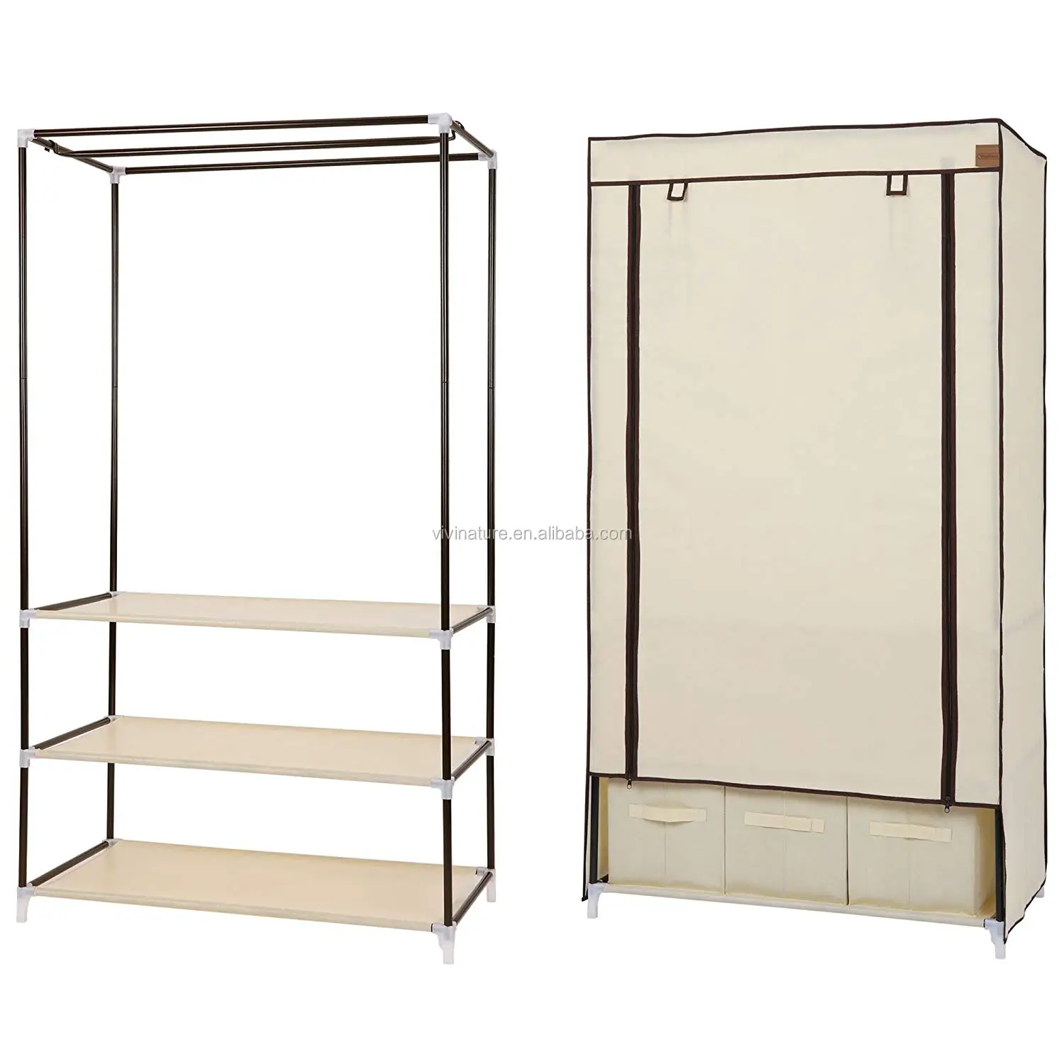 Fabric Double Canvas Wardrobe With Clothes Storage Cupboard And Shelves ...