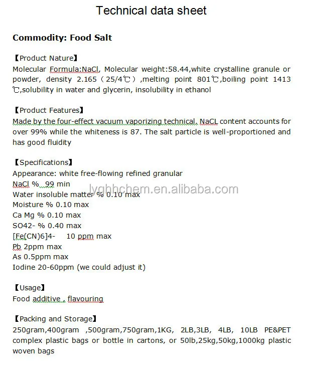 Salt Food Grade Specifications - Buy Salt Food Grade,Salt Food,Food ...
