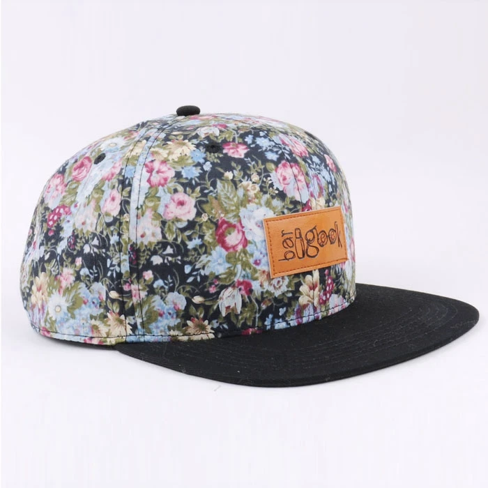 Printing Floral Polyester Cotton Snapback Hats With Leather Patch - Buy ...