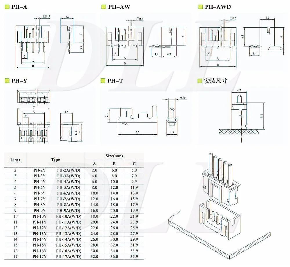 2.0mm Pitch JST PH Series Wire Crimp Connector Types