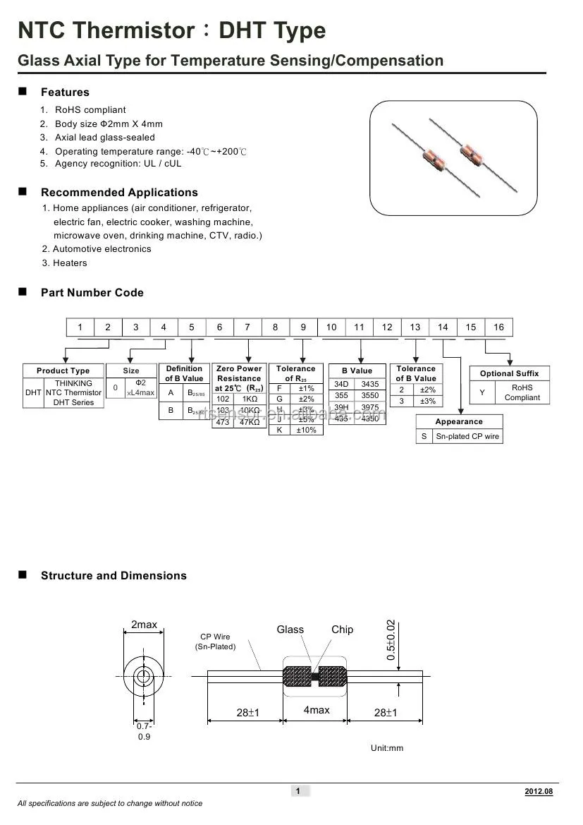Bulk And Taping Glass Axial Type Dht Type Thermistor Ntc 5k 100k For ...