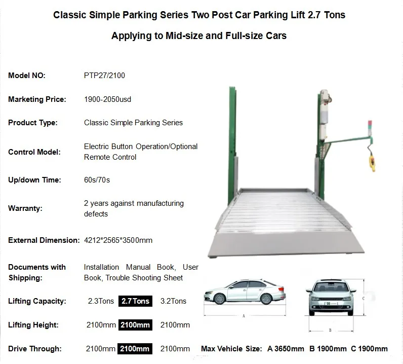 Two Post Car Elevated Parking Structure/platform - Buy Car Parking ...