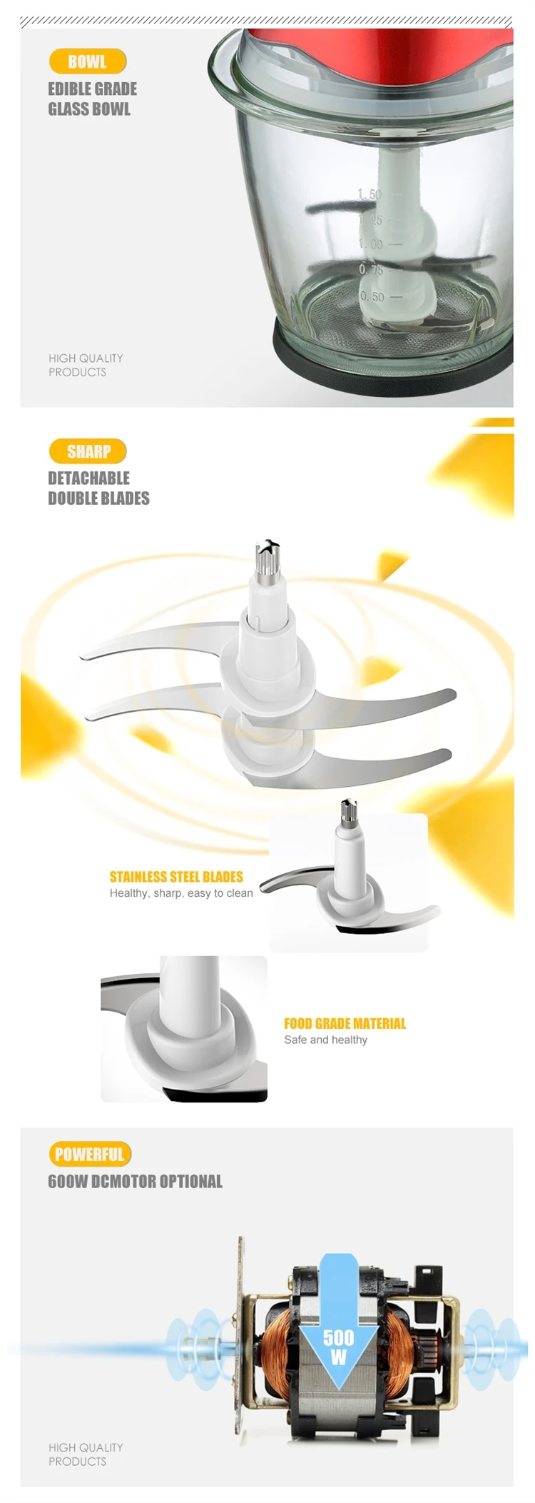 High Power 500w Mini Electric Food Chopper With 2 Blades - Buy Food ...