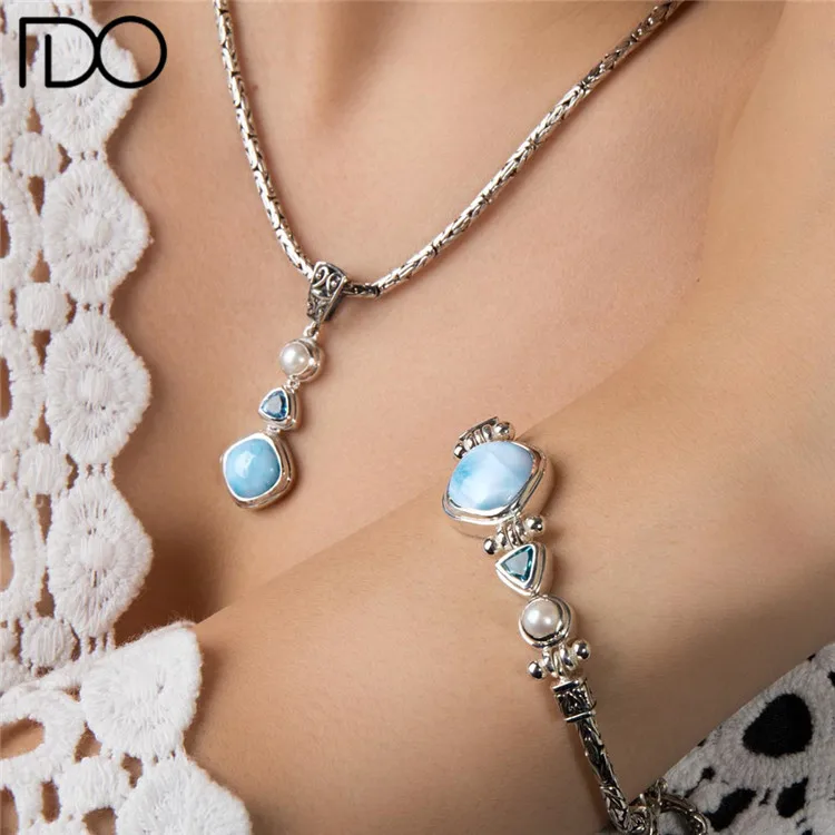 Blue Topaz With Real Larimar Stone Pendant With Bracelet Larimar Blue Topaz With Real Larimar Stone Pendant With Bracelet Larimar