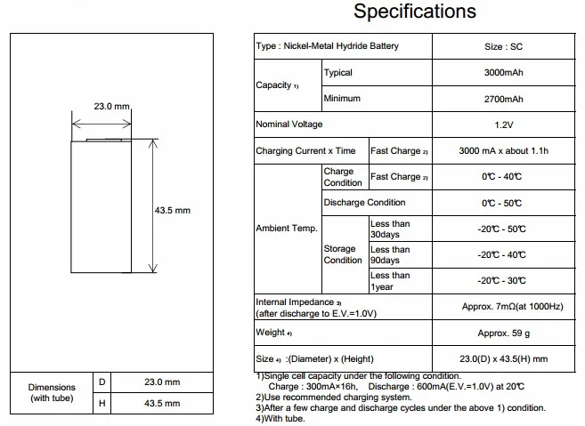 Fdk 1.2v Sc Ni-mh Battery 3000mah Hr-scu Rechargeable Ni-mh Sub C ...