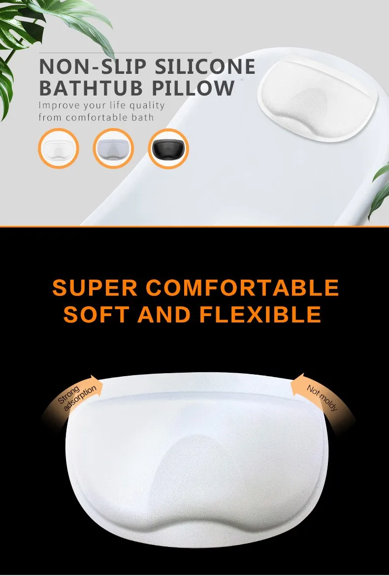 Bathtub Bath Pillow Silicone Suction Cup Waterproof Spa Bath Pillow With Large Suction Cups For