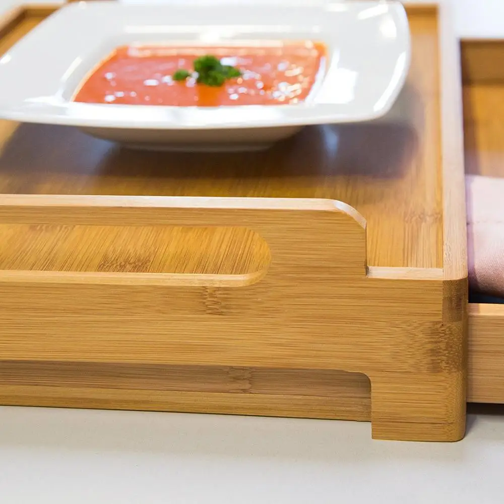 Classic Bamboo Food Serving Tray With A Storage Drawer For Tissue ...