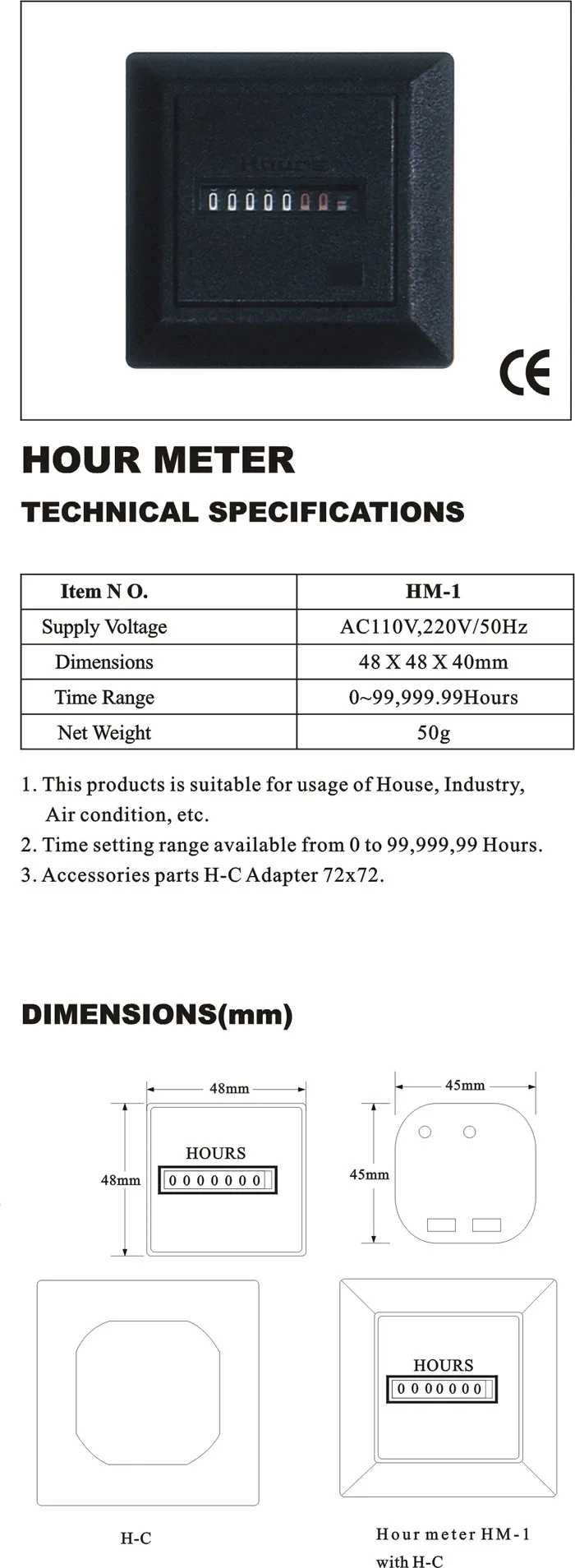 48x48mm Hm-1 220v 110v 50/60hz Hour Counter Digital Hour Meter - Buy Hour Meter Product on ...