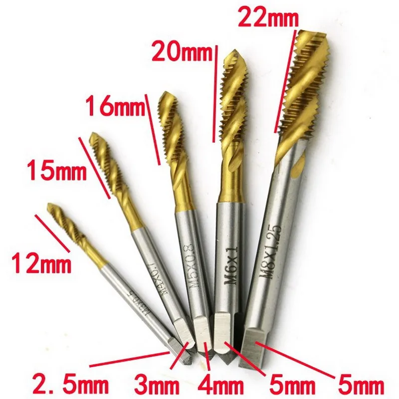 5pcs Coated Metric Hss Spiral Fluted Machine Screw Tap M3 M4 M5 M6 M8 Spiral Pointed Taps ...