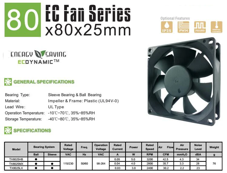 8025 Ec Axial Fan 115v 230v,80x80x25mm Ball Or Sleeve Bearing Ec Fan,3 ...