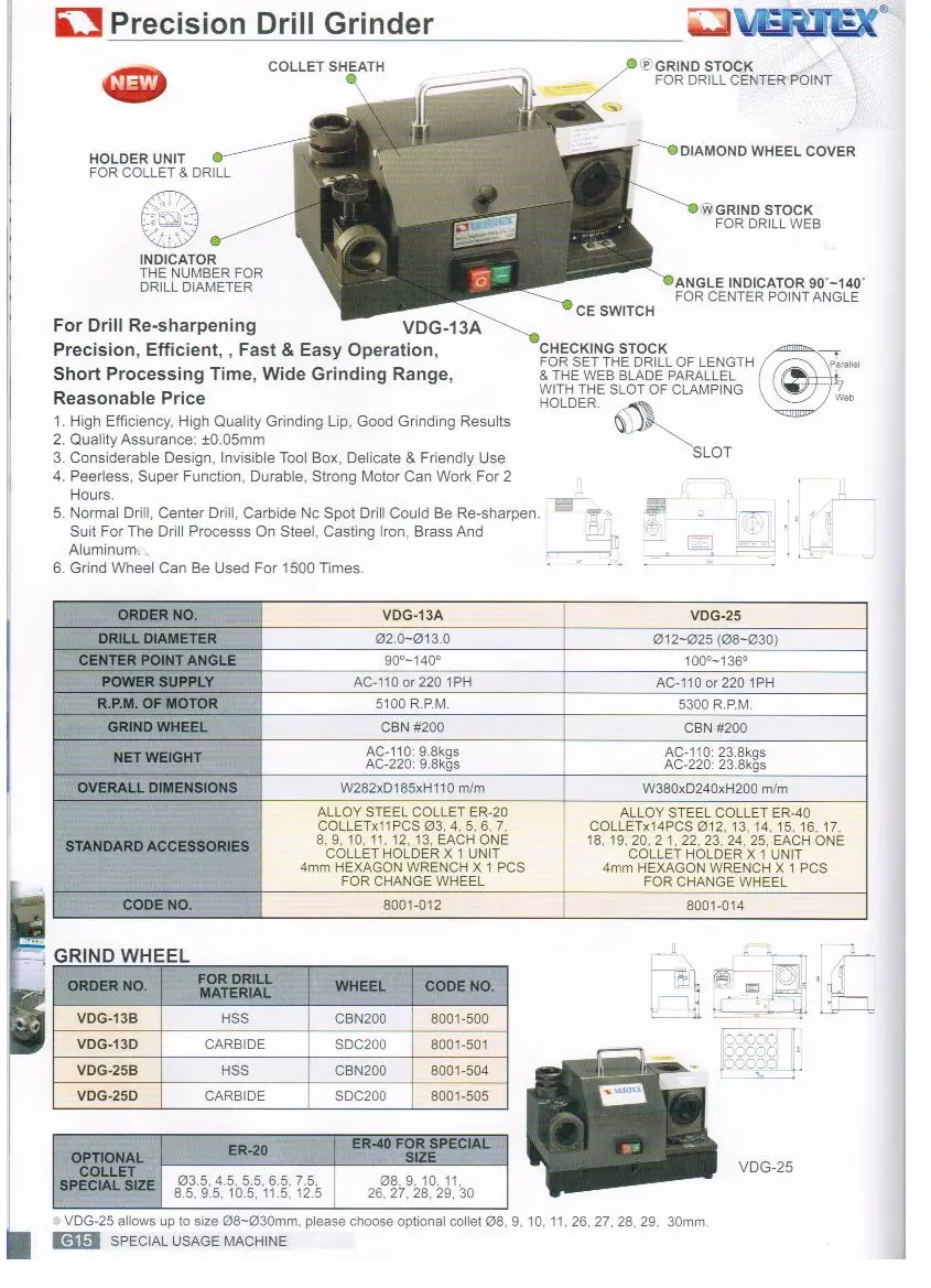 VERTEX Precision Drill Bit Grinder VDG-13A 2-13MM Die Grinder OEM