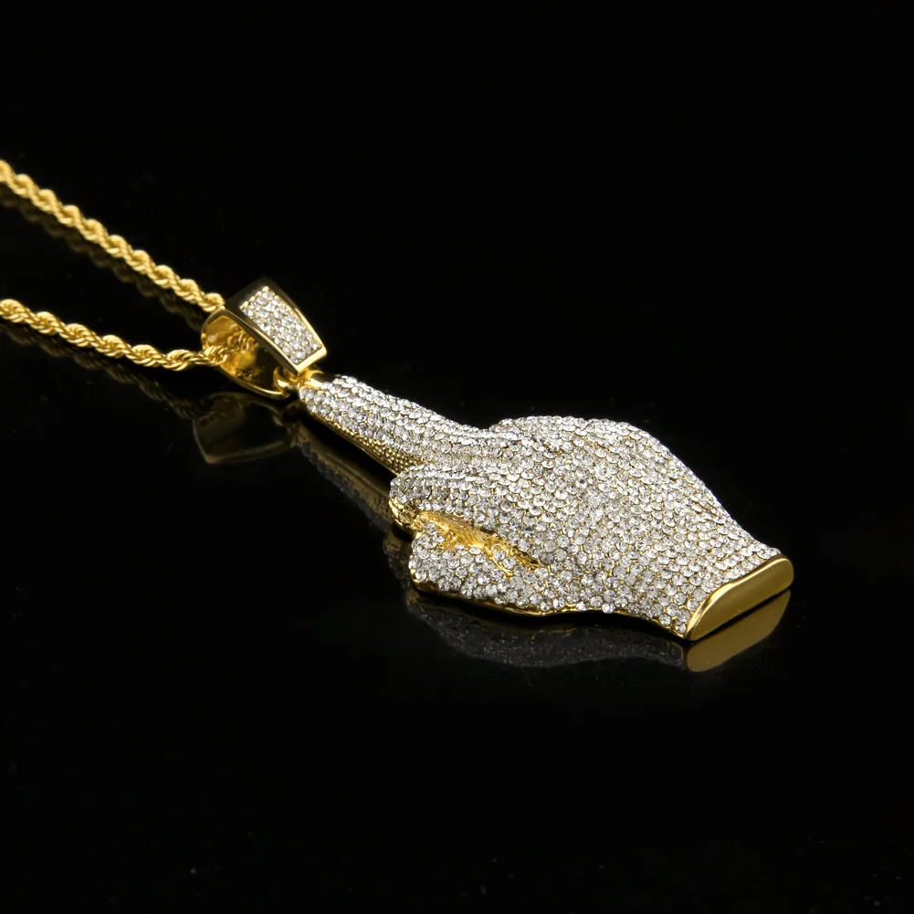 Hip Hop Men Gold Color Full Rhinestone Middle Finger Pendant