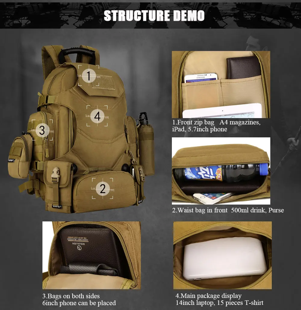 Tactical Military 40l Men Army Outdoor Camping Bags Large Capacity ...