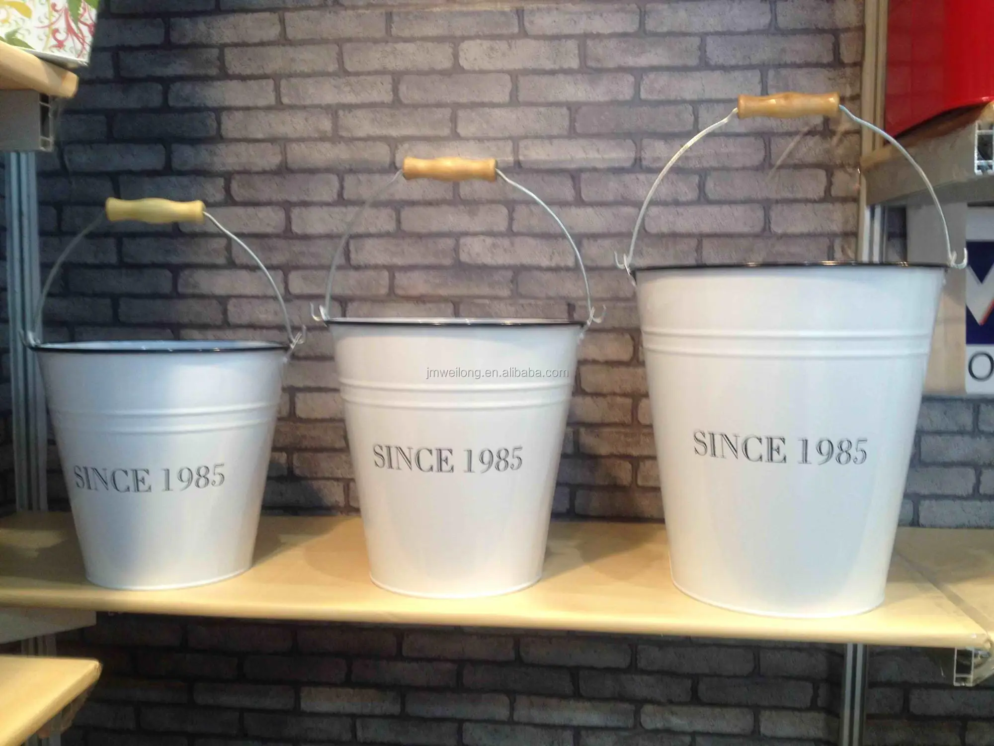 Custom Logo White Round Galvanized Metal Water Buckets With Wooden ...