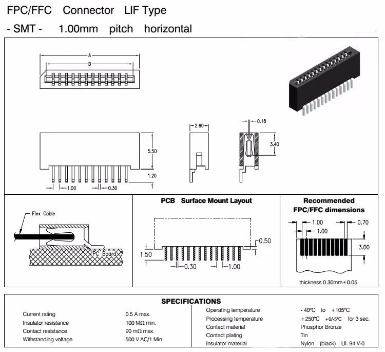 20 Pin 22 Pin 24 Pin Horizontal Fpc Connector 1mm Pitch Male To Female ...