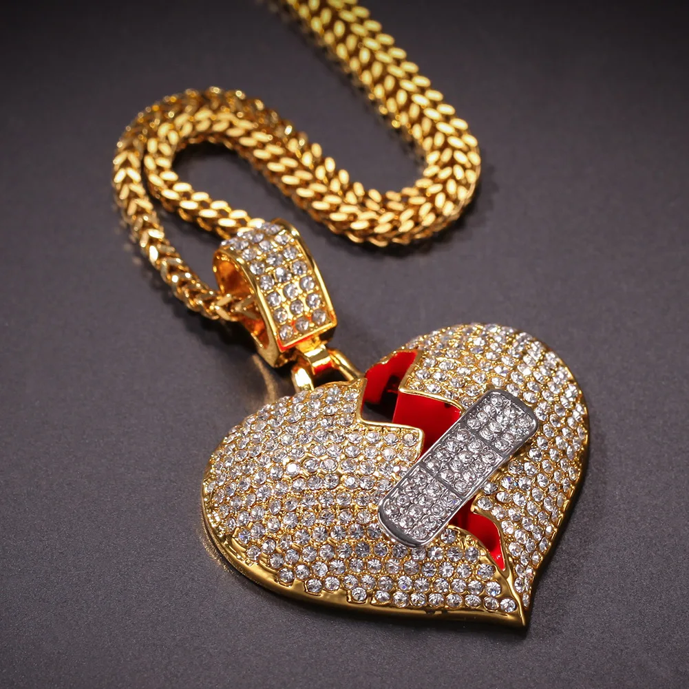 New Broken Heart Pendant Necklace Gold Silver Color Zirconia Hip Hop ...