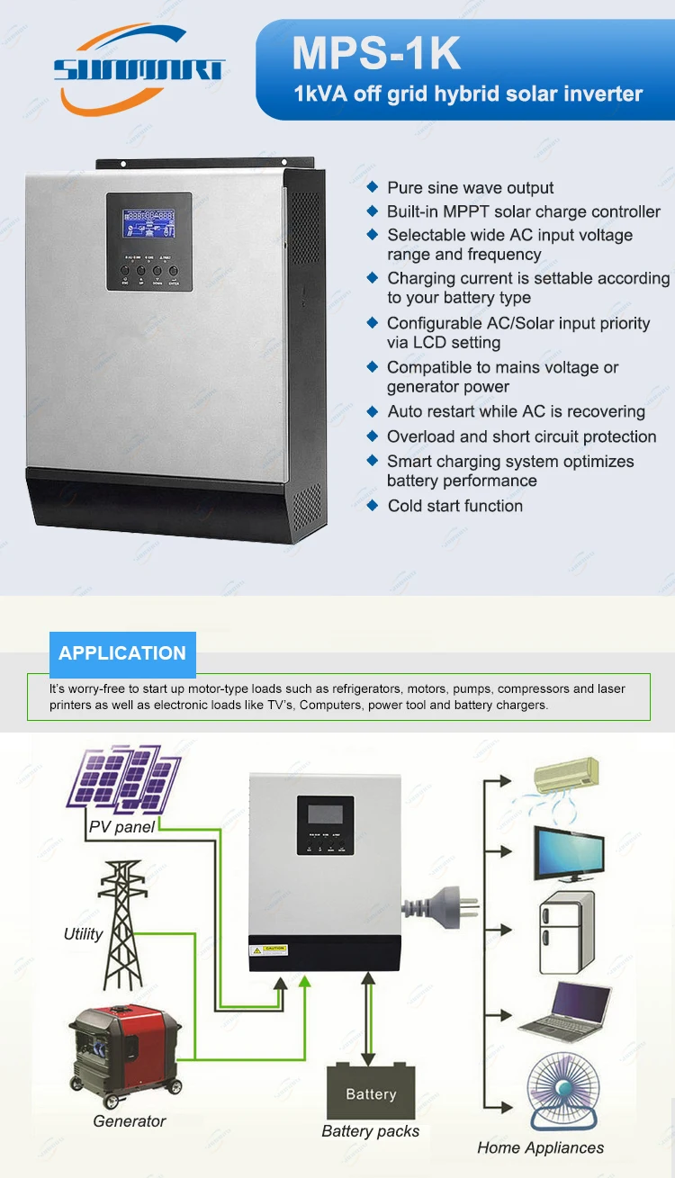 1kva Hybrid Solar Inverter with MPPT Solar Charge Controller