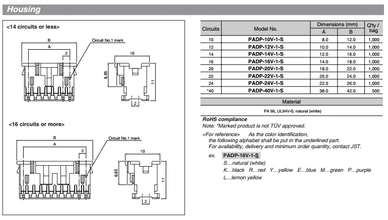 Jst Connector Wire To Board Connector 2.0mm Pitch Pad Series 14 Pin Connector Padp-14v-1-k ...