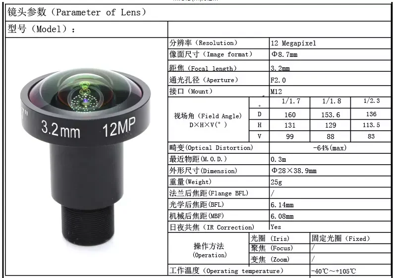 3.2mm M12 Mount 12MP Wide Angle CCTV Lens - 88 Degree AOV