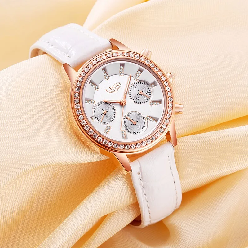 LIGE Women Red Leather Luxury Watch - Waterproof & Stylish