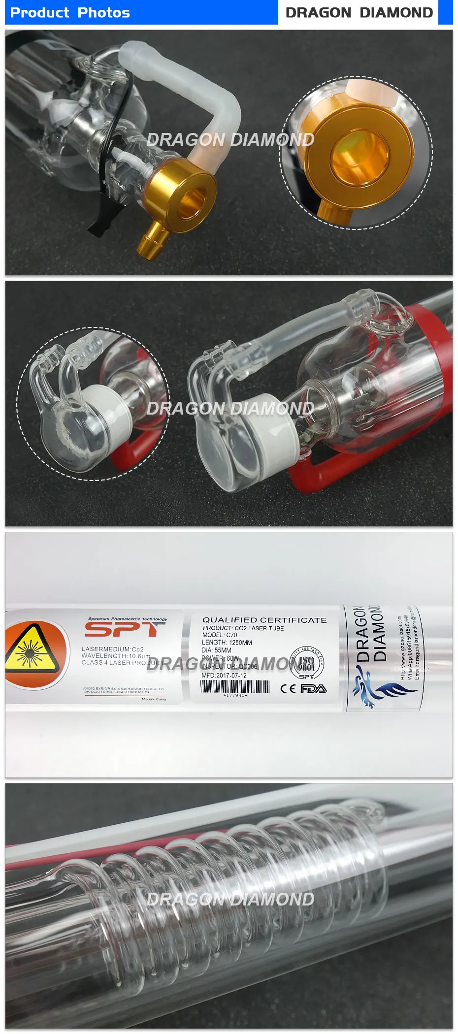 Spt 60w Co2 Laser Tube 1250mm Metal Head Glass For Co2 Laser Engraving ...