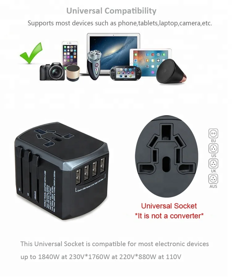8a Fuse Travel Adapter Ac Power 100-250v Travel Adaptor With 4 Usb ...