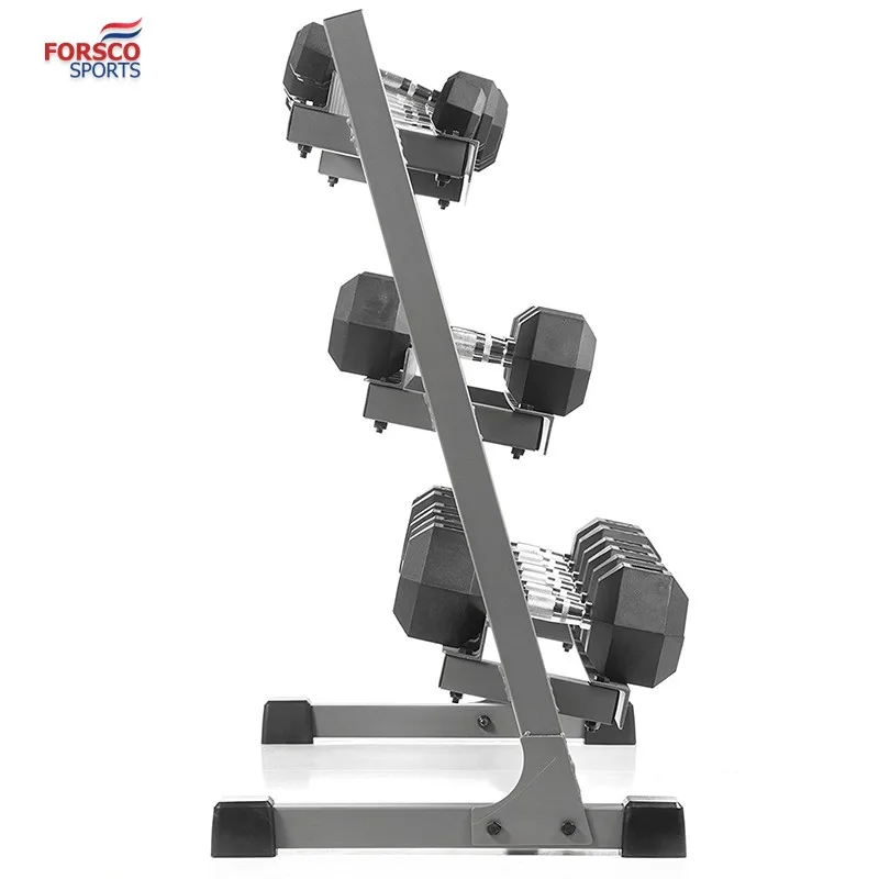 Two Tier Heavy Duty Steel Dumbbell Rack Loaded With Sets Of Rubber Hex ...