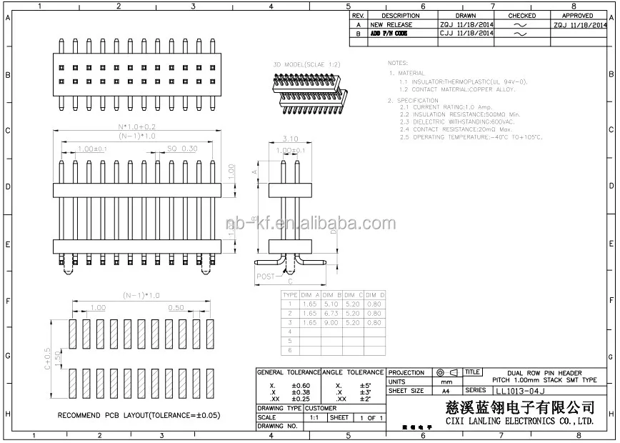 Horizontal Electrical Pin Header Single Row 1mm 40pin Connector - Buy ...