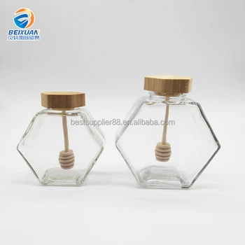 375ml Hexagon Glass Honey Jar 250g 500g Honey Bottle With Wooden Cap ...