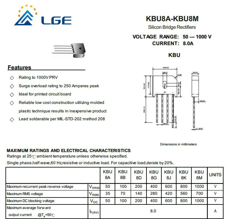 Kbu8a Kbu8b Kbu8d Kbu8g Kbu8j Kbu8k Kbu8m 8a Kbu Bridge Rectifier - Buy ...