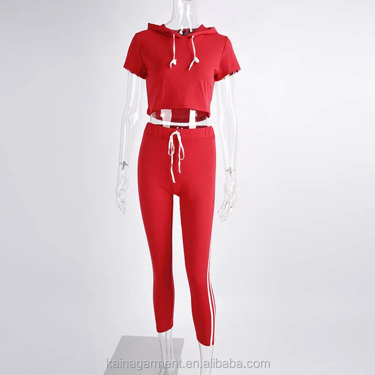 New Design Cropped Red Plain Summer Sweat Suits Oem Women Tracksuit Set ...