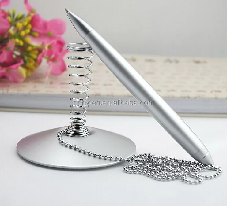 Cheap Counter Pen Silver Metal Stand Ballpoint Desk Pen With Chains For ...