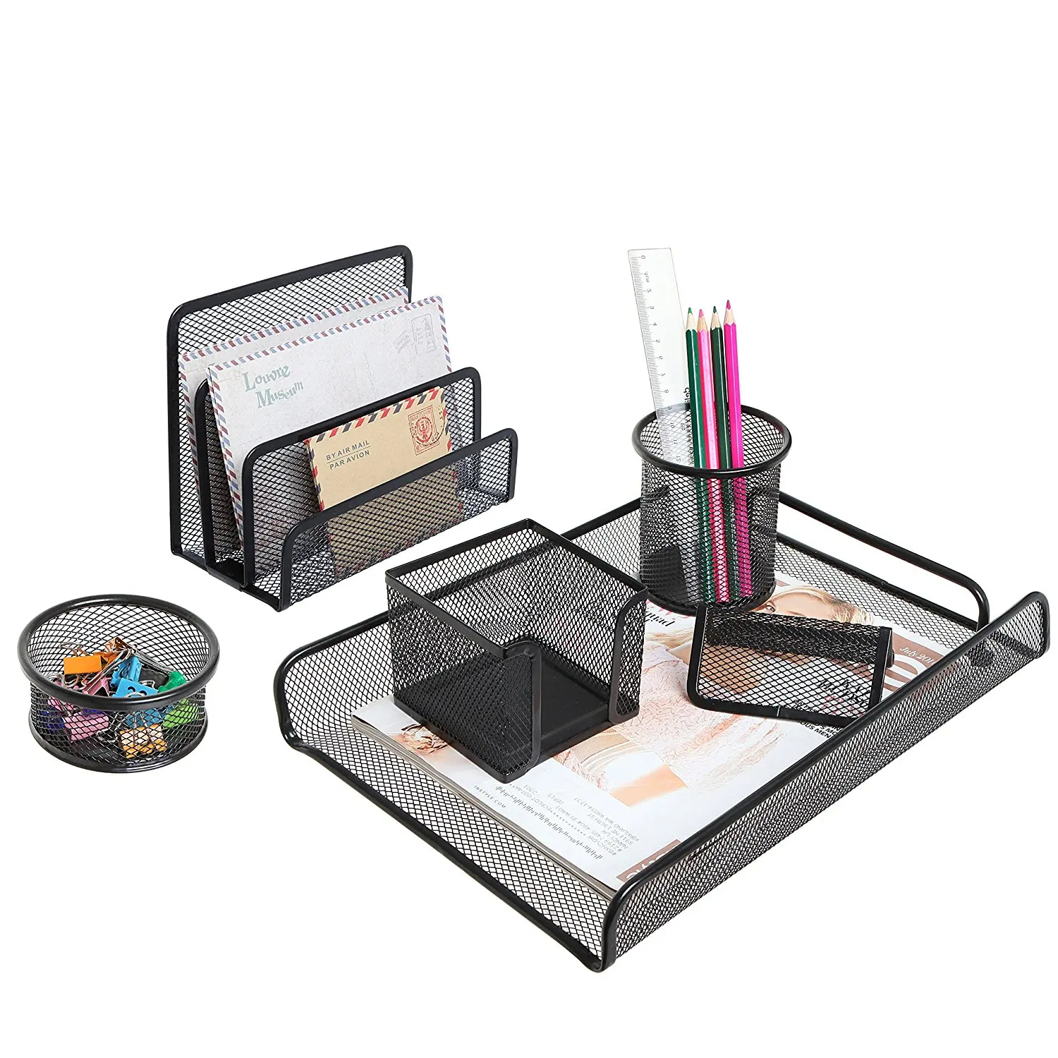 Wideny Office 5 Pcs Wire Metal Stationery Set Desk Table File Tray ...