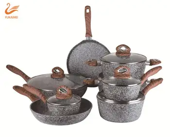 Forged Aluminum Stone Coating Granite Cookware Pot Sets With Wooden ...