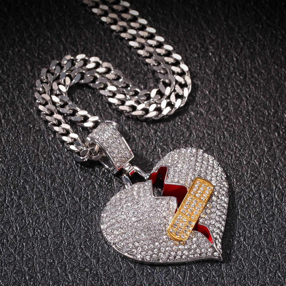 New Broken Heart Pendant Necklace Gold Silver Color Zirconia Hip Hop ...