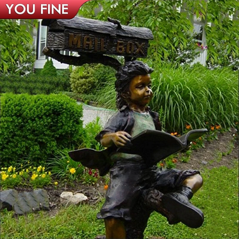 Outdoor Garden Life Size Bronze Boy Mailbox Statue - YOU FINE