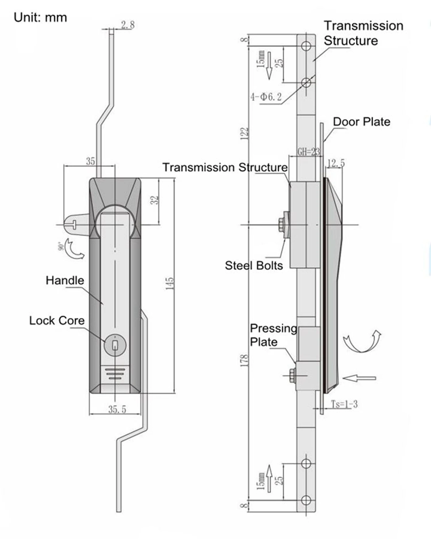 Gray Chrome Plating Rod Control Zdc 3 Point Cabinet Door Lock Ms828 ...