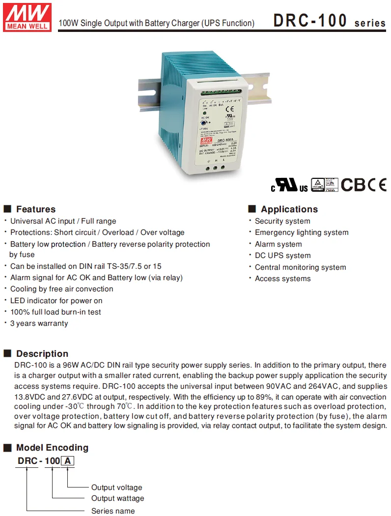 Original Mean Well Drc-100b 100w 27.6v Single Output With Battery ...