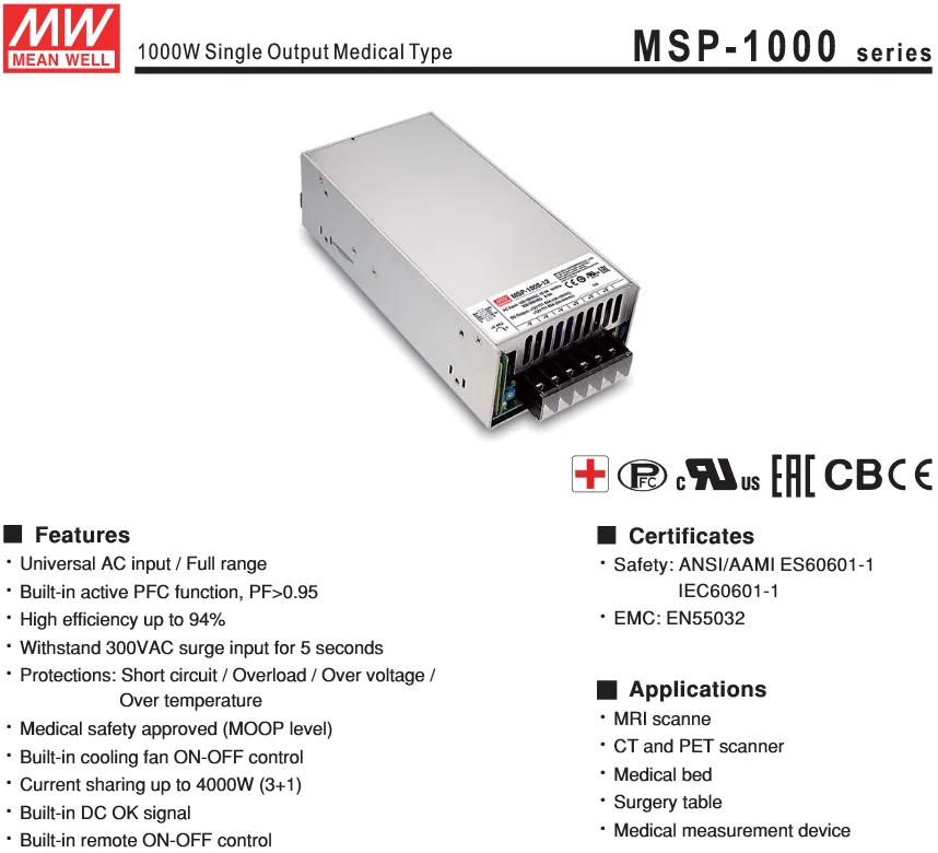 Meanwell Msp-1000-12 12v 80a Medical Power Supply 960w Switching Power ...