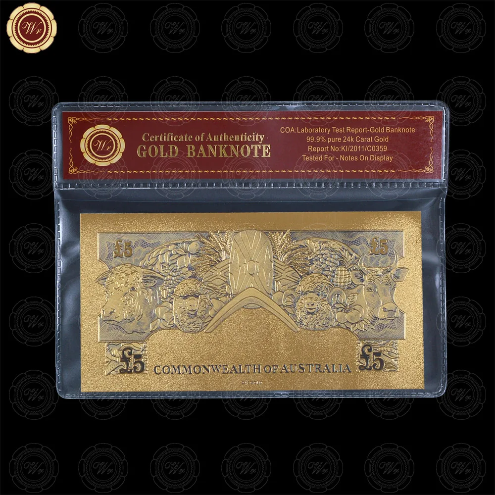 999 Fine Gold 24k Pure Gold Banknote Bill Australian Paper Money Five ...