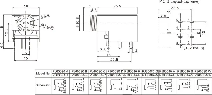Pcb Mount 6 Pin Terminals Female 6.35 Audio Phone Jack - Buy Pcb Mount ...